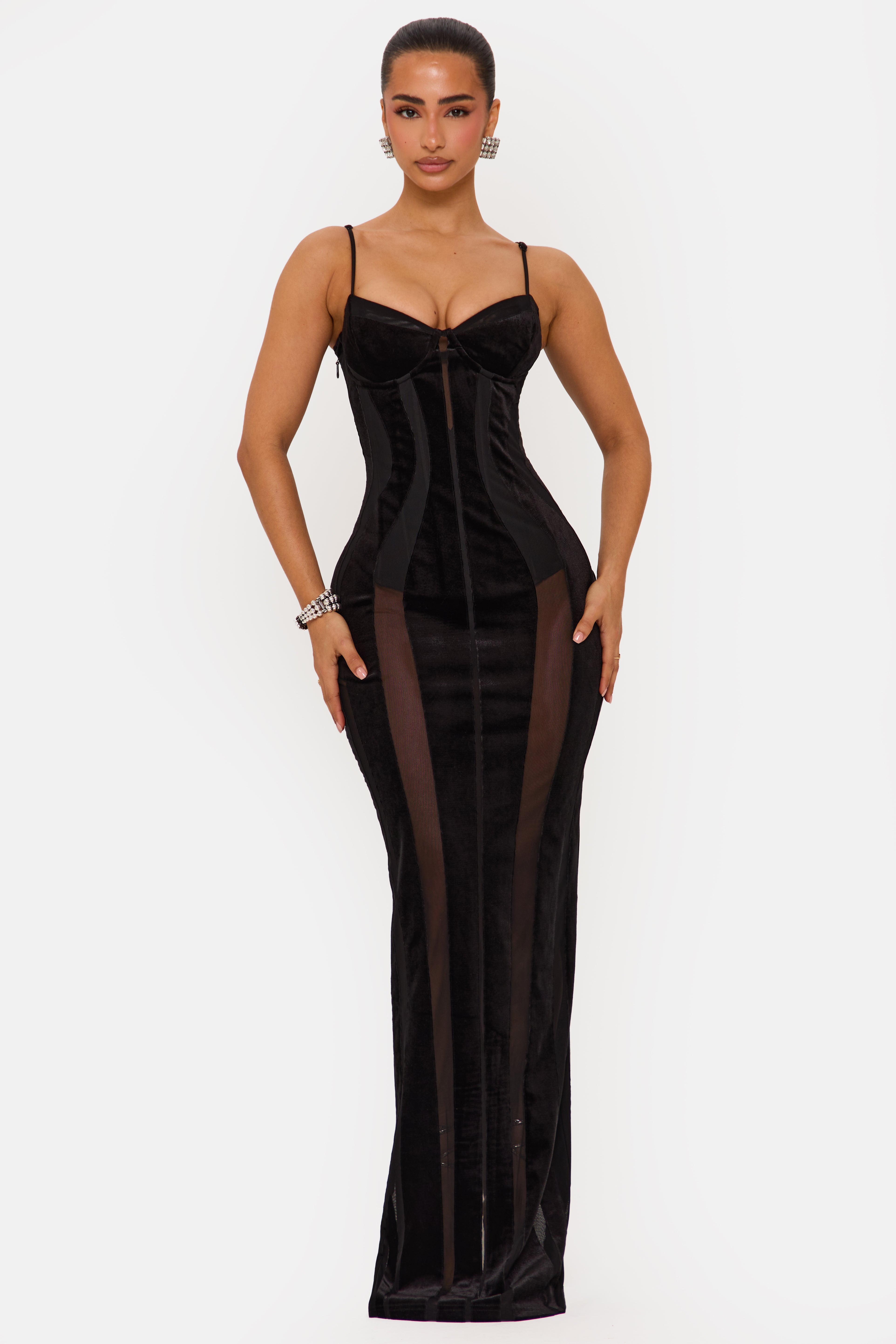 SCANDAL BLACK VELVET PANELLED MAXI DRESS – Murci